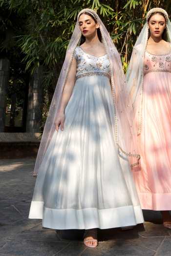 Buy Keerthi Kadire Blue Chanderi Embroidered Anarkali With Dupatta ...