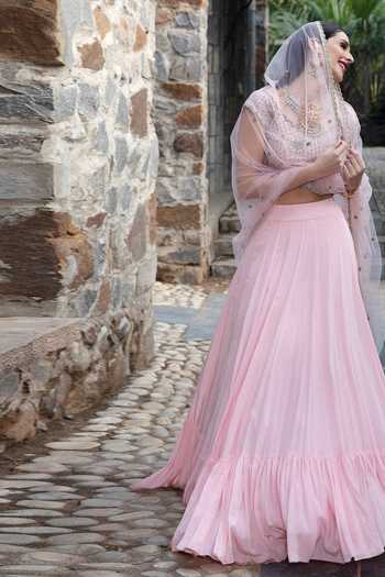 Buy Peach Crepe Scoop Neck Silk Blouse And Lehenga Set For Women by ...