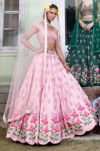 Buy Keerthi Kadire Pink Silk Embroidered Lehenga Set Online | Aza Fashions