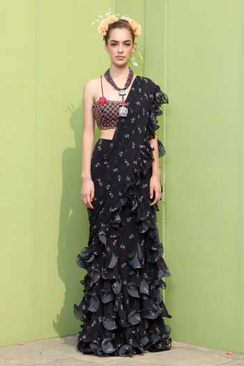 Buy Black Raw Silk Embroidery Square Pre-draped Ruffle Saree With ...