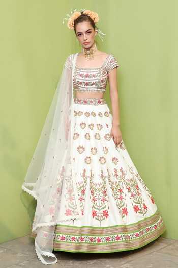 Buy Keerthi Kadire White Raw Silk Embroidered Lehenga Set Online | Aza ...