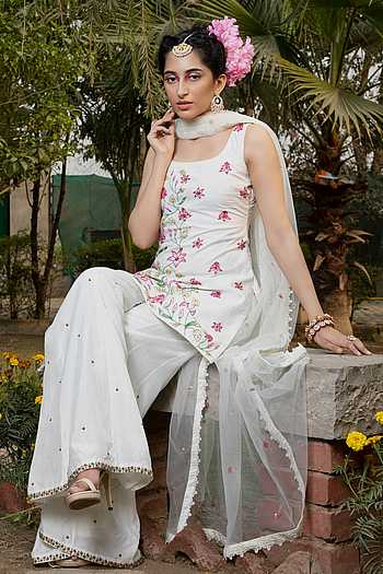 Buy White Dola Silk Embroidery Square Neck Sharara Set For Women by ...