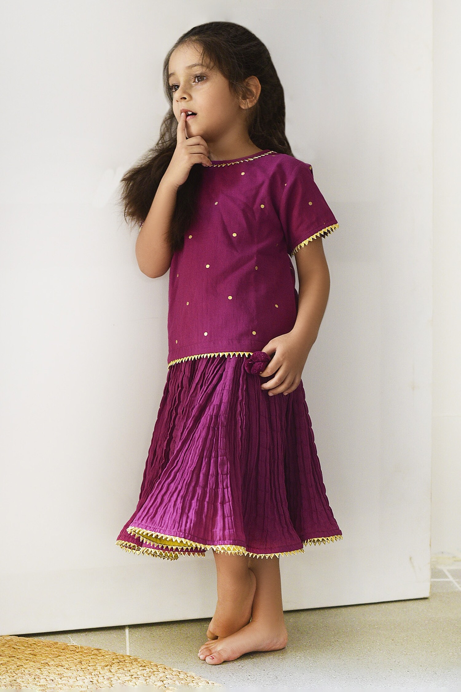 Buy Purple Cotton Foil Print Polka Dots Lehenga Set For Girls by ...