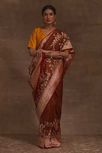 Buy Kasturi Kundal Brown Base Fabric Pure Silk Rangeen Rubai Saree ...