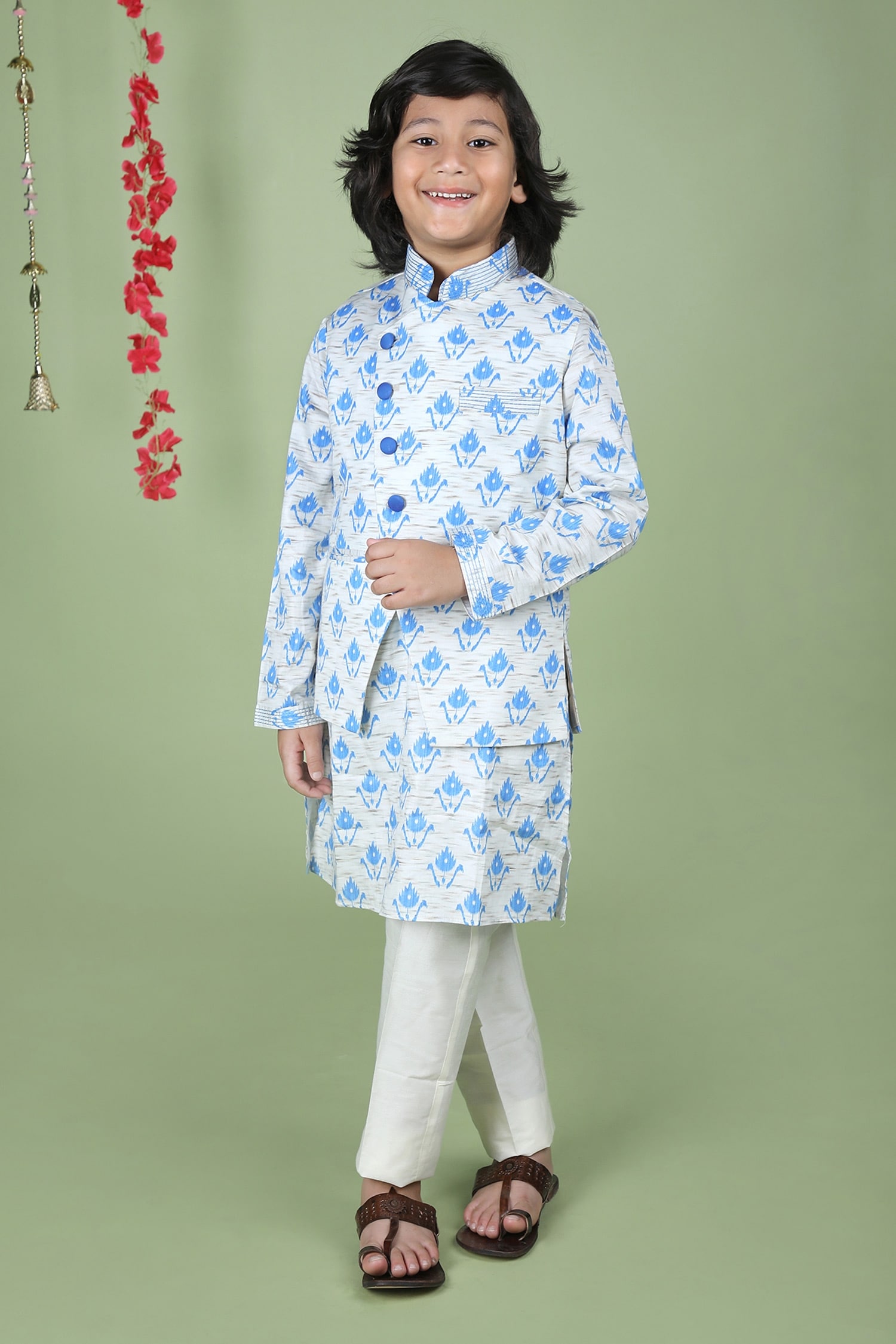 Buy White Rayon Satin Printed Butti Bundi And Kurta Set For Boys by ...