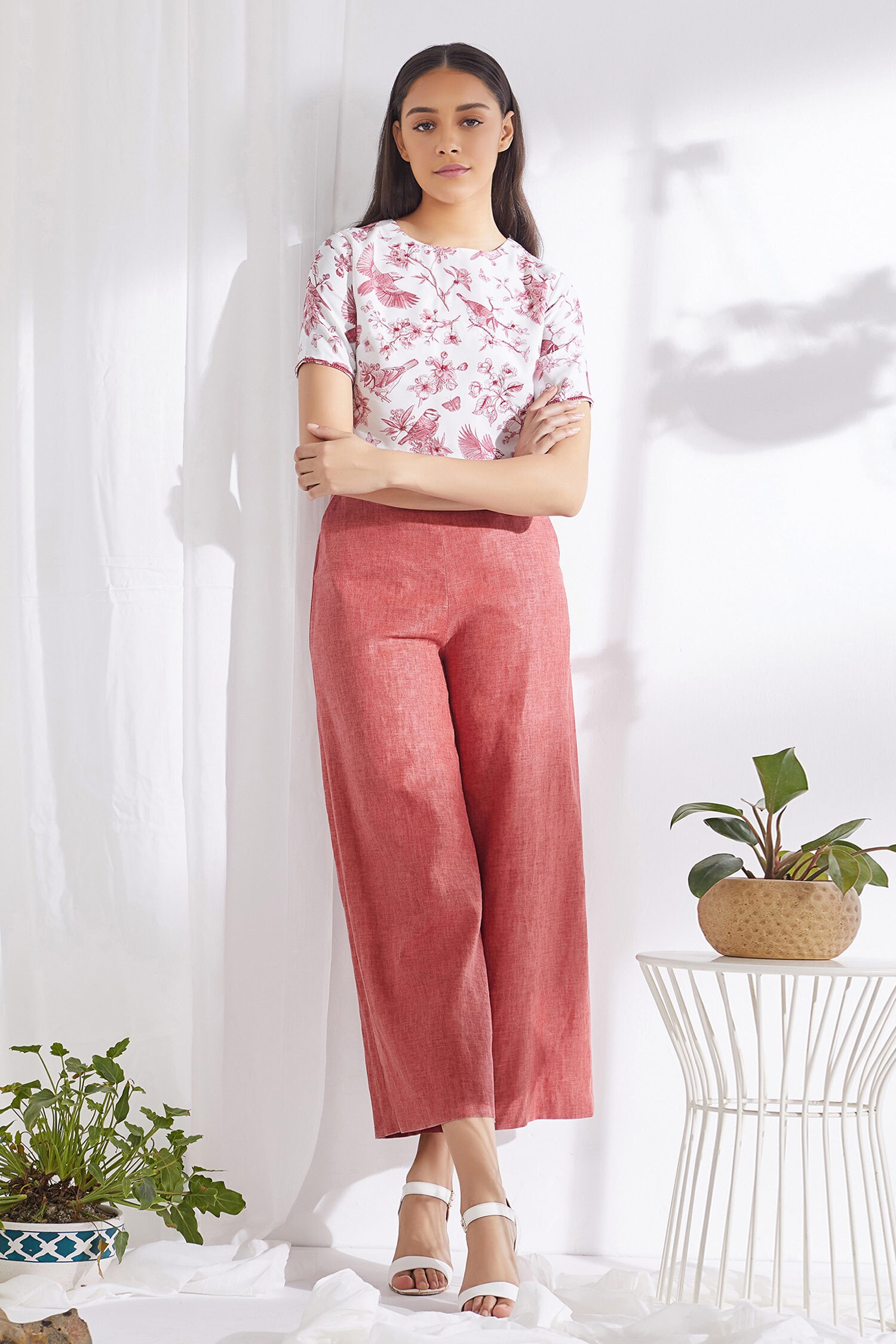 Buy Pankaj & Nidhi Pink Linen Palazzo Pant Online | Aza Fashions