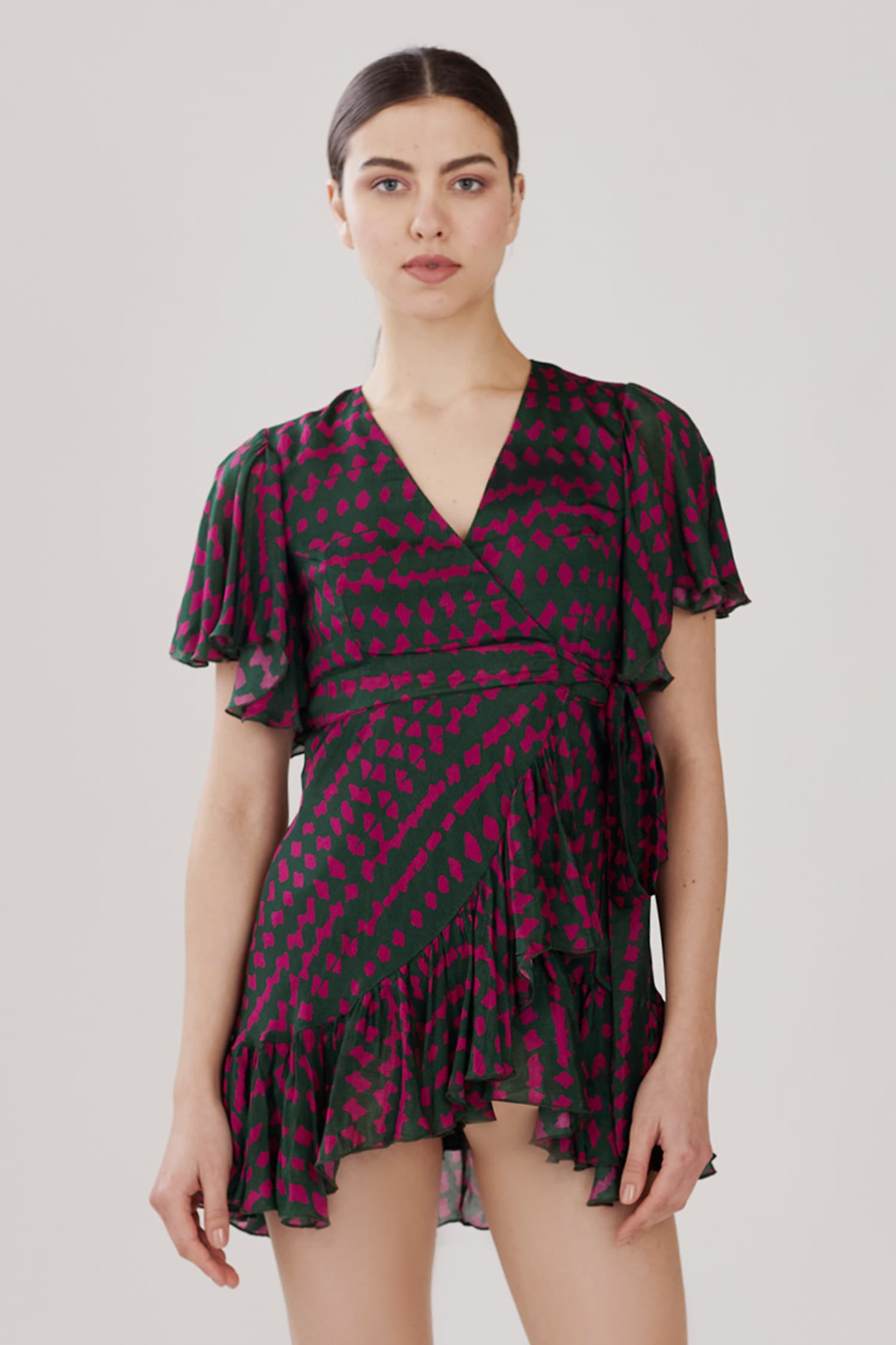 Buy Green Chiffon V Neck Abstract Print Wrap Dress For Women by KoAi ...