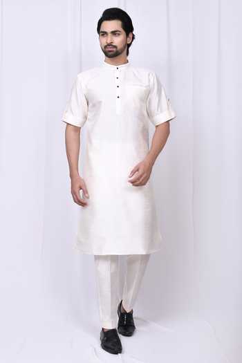 Buy Beige Art Silk Plain Tab Sleeve Kurta Set For Men by Khwaab by ...