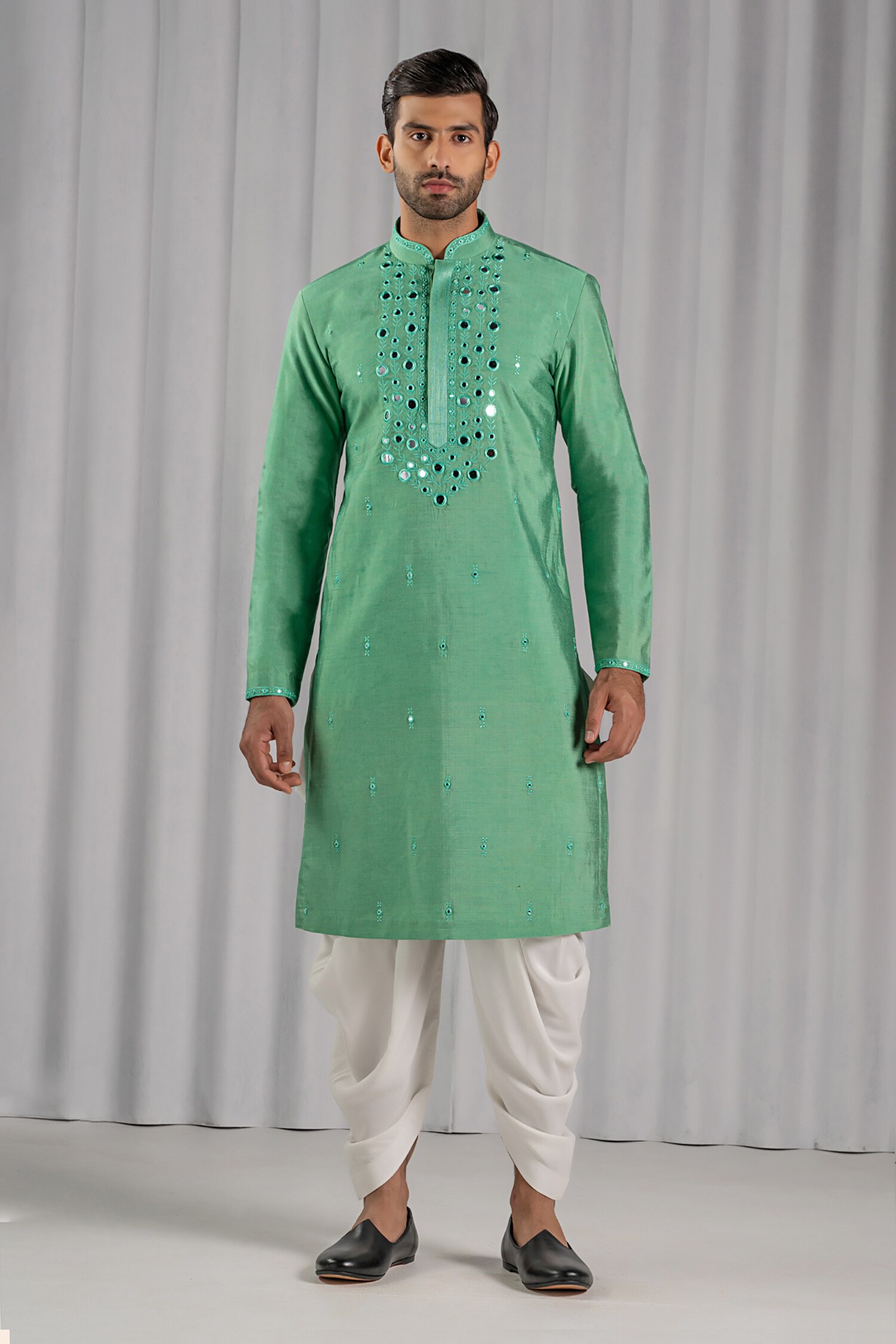 Buy Green Cotton Silk Embroidered Kurta And Dhoti Pant Set For Men by ...