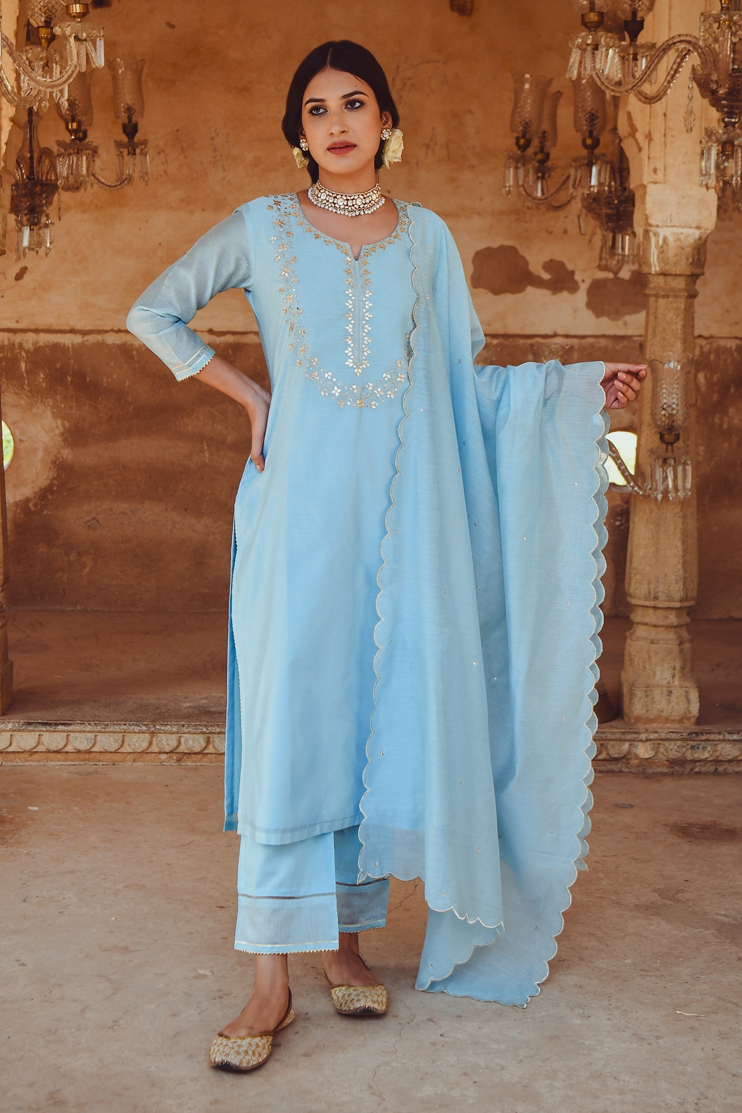 Buy KARAJ JAIPUR Blue Chanderi Kurta Pant Set Online | Aza Fashions