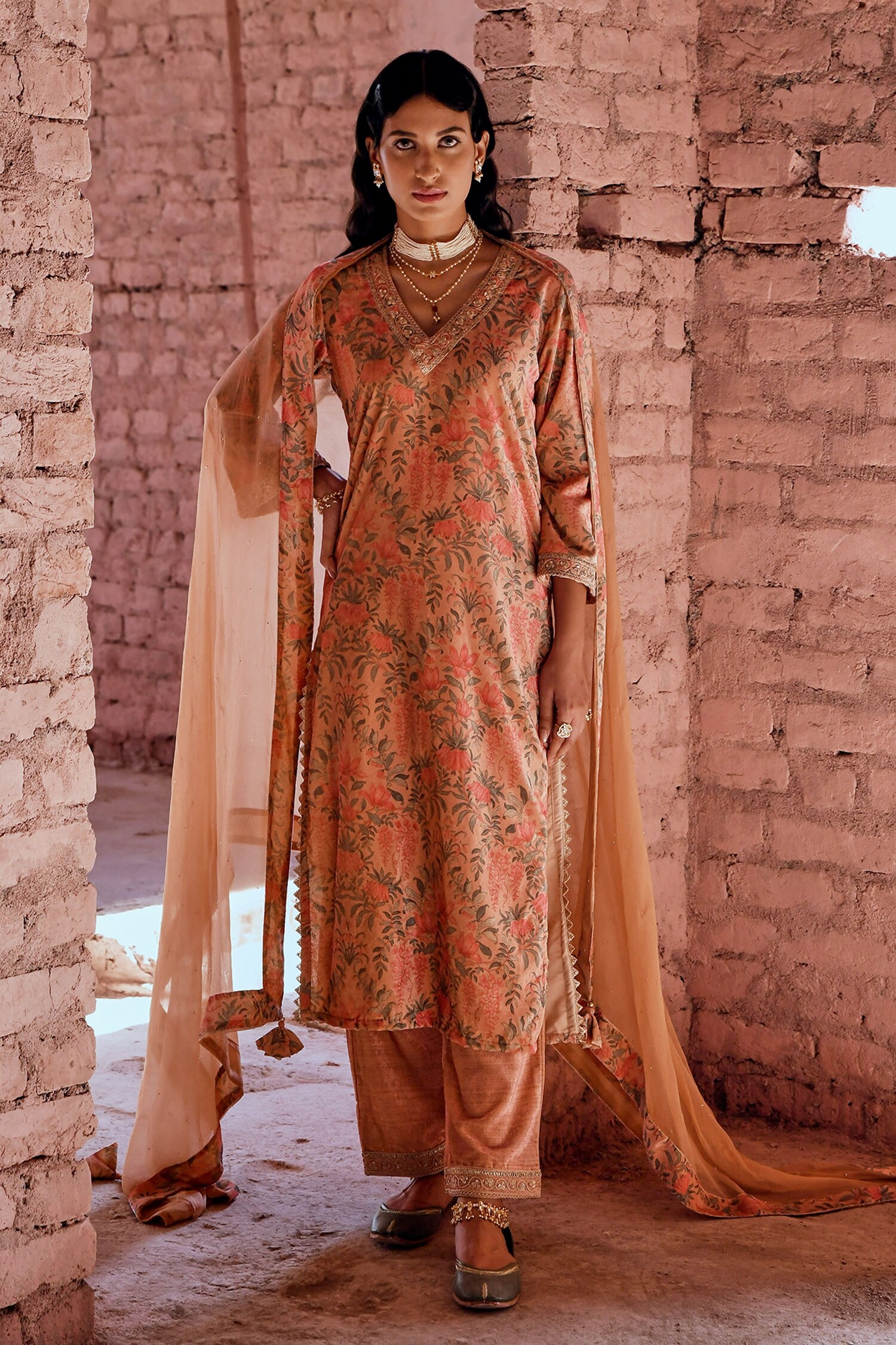 Buy KARAJ JAIPUR Peach Floral Print Kurta Set Online | Aza Fashions