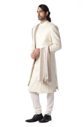 Buy Kommal Sood White Cotton Silk Embroidered Sherwani And Kurta Set ...