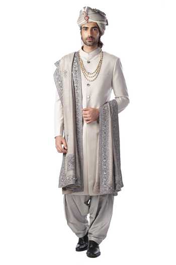Buy Grey Cotton Silk Straight Sherwani And Patiala Set For Men by ...