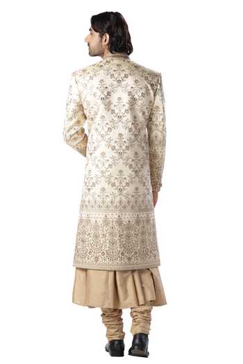 Buy Kommal Sood - Men Beige Cotton Silk Embroidered Sherwani And Kurta ...