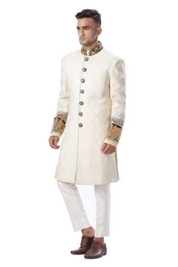Buy Kommal Sood - Men White Cotton Embroidered Sherwani And Kurta Set ...