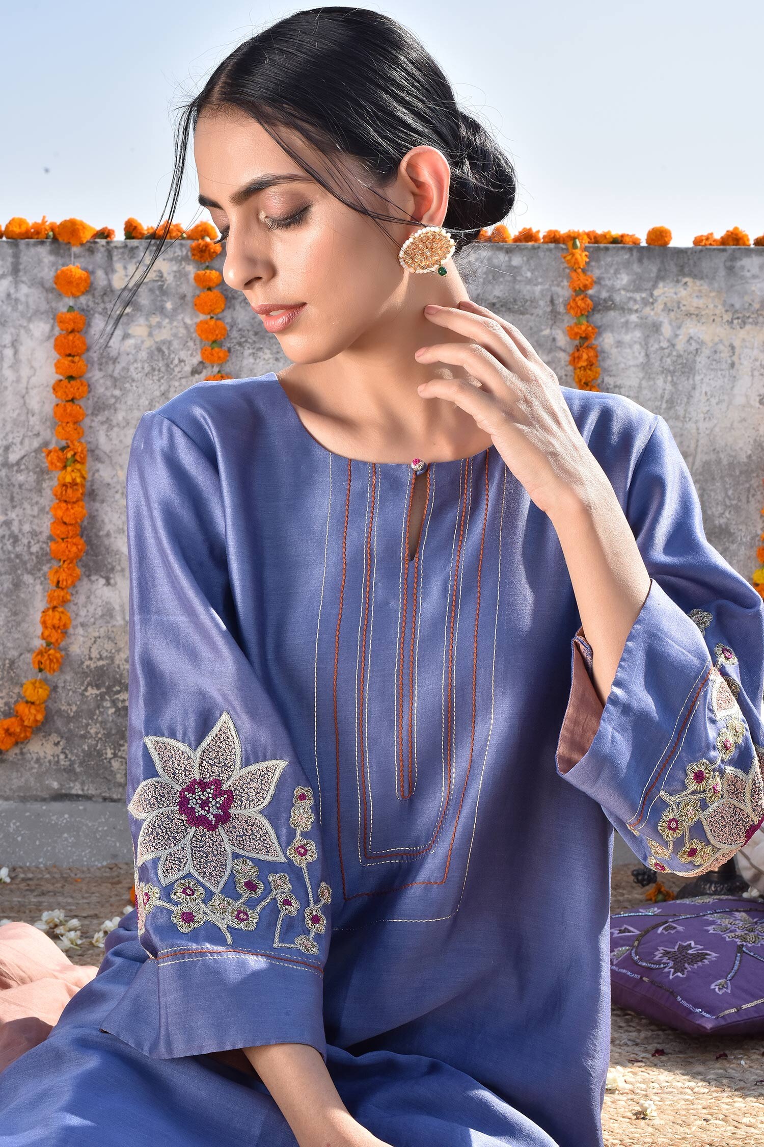 Buy Kanika Sharma Blue Chanderi Kurta Set Online | Aza Fashions