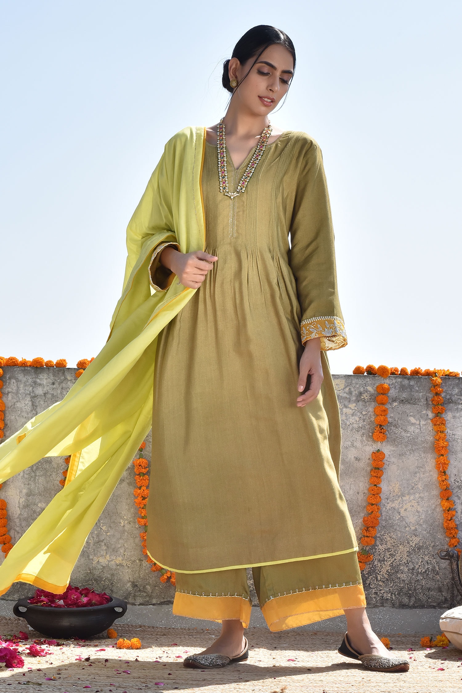 Buy Kanika Sharma Green Hand Embroidered Kurta Palazzo Set Online | Aza ...