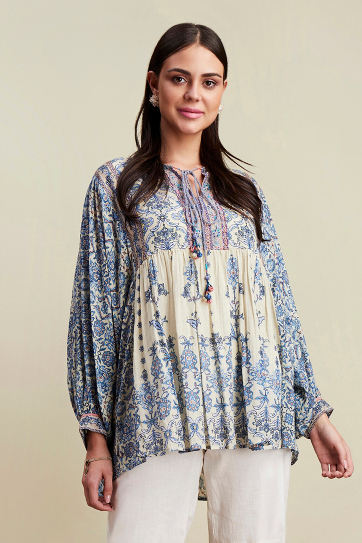 Buy Ritu Kumar Blue Cotton Floral Print Short Kurta Online | Aza Fashions
