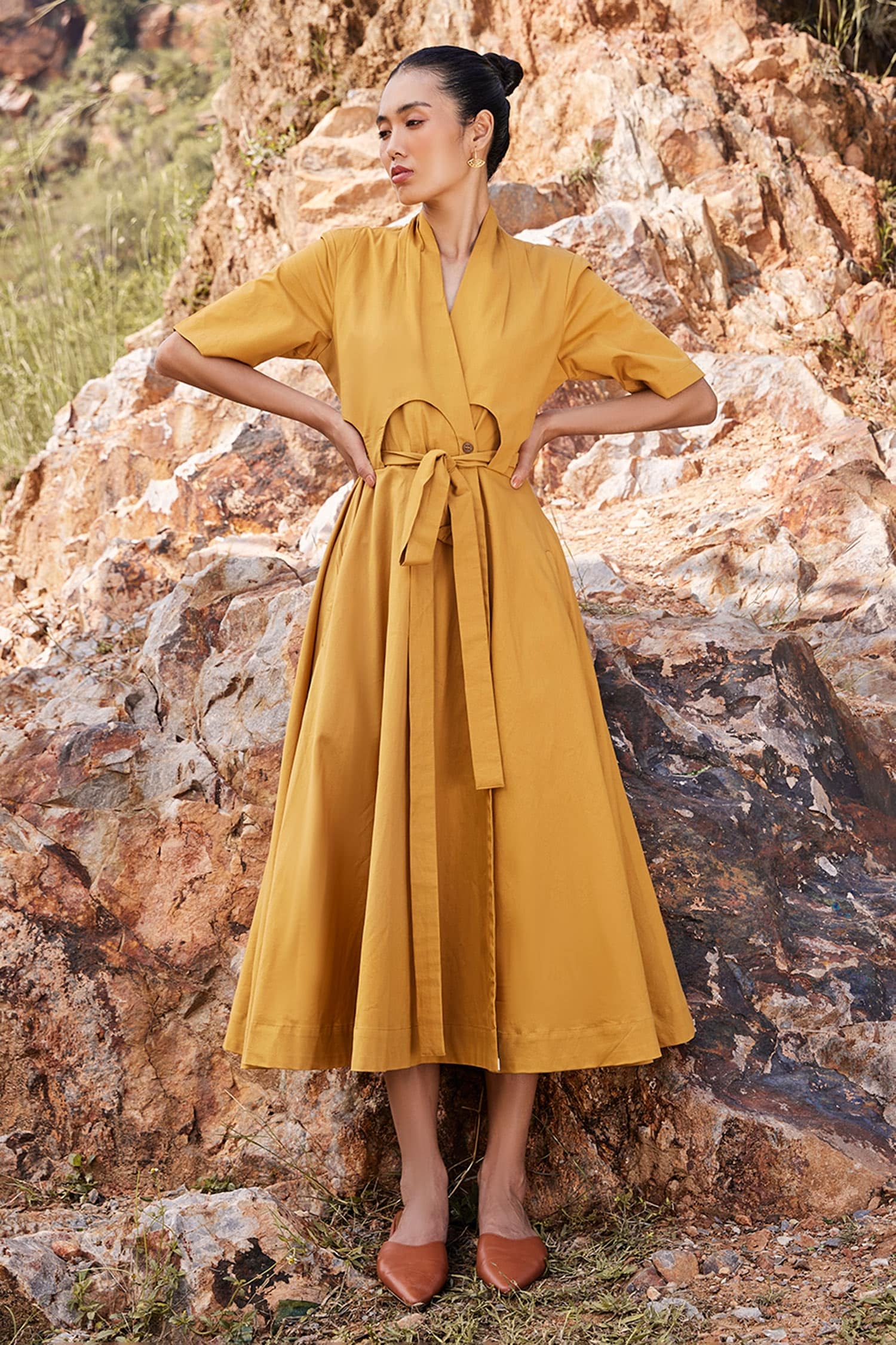 Buy Yellow Twill Weave Cotton Plain Surplice Neck Those Days Wrap Dress ...