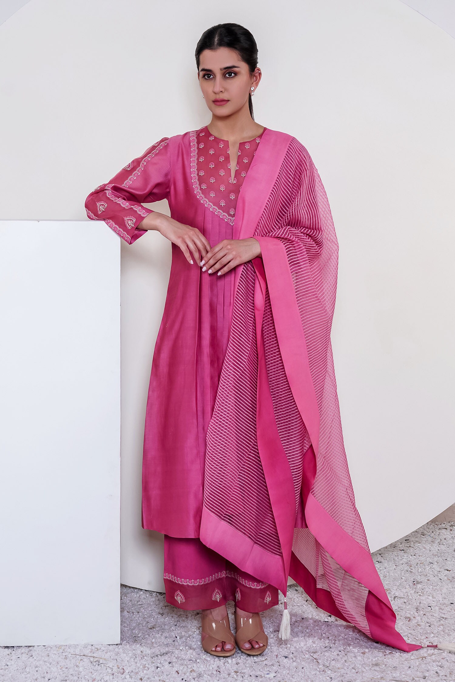 Buy Pink Chanderi Notched Anarkali Set For Women by Sravanti Online at ...