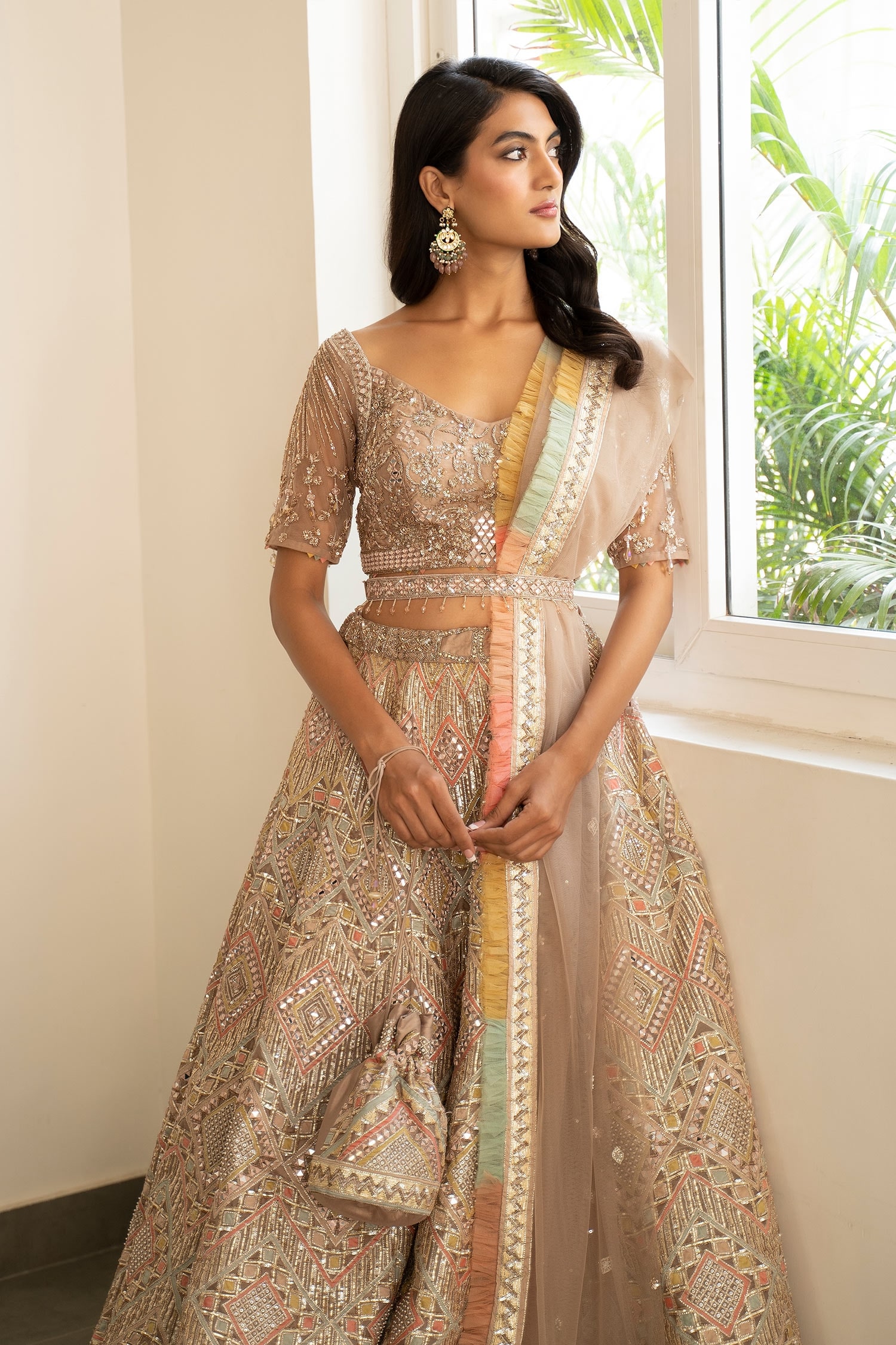 Buy Multi Color Organza Embroidery V Neck Bridal Lehenga Set For Women
