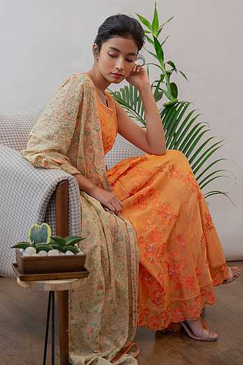 Buy Orange Chanderi Silk Round Anarkali With Dupatta For Women by ...