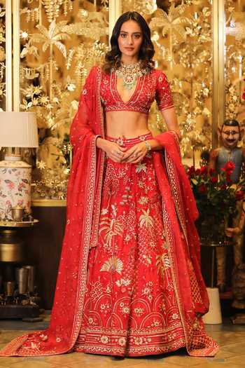 Buy Red Organza Embellishment 3d Applique Work V Lahoo Bridal Lehenga ...