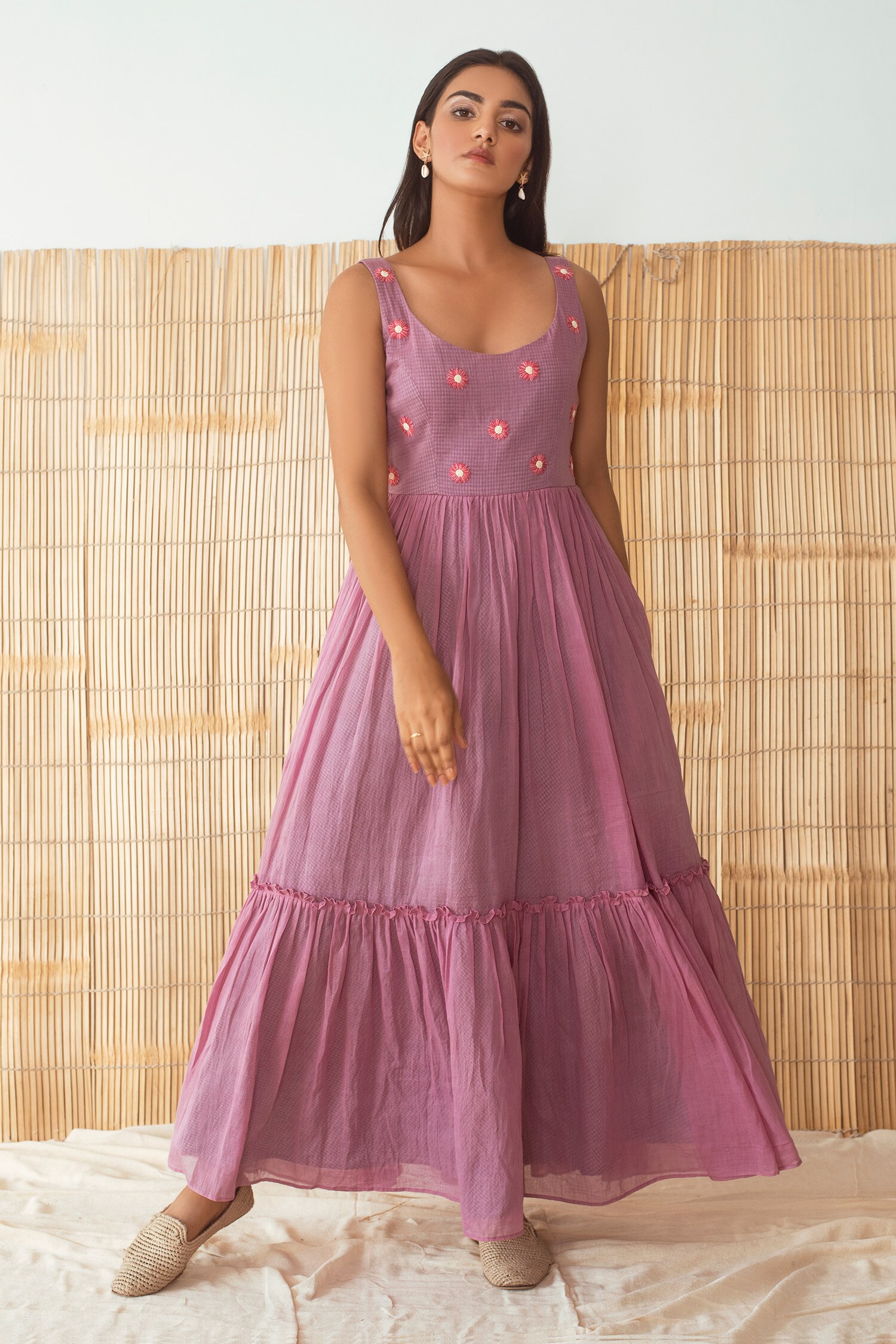 Buy Purple Mulmul Scoop Neck Embroidered Dress For Women by Taro Online ...