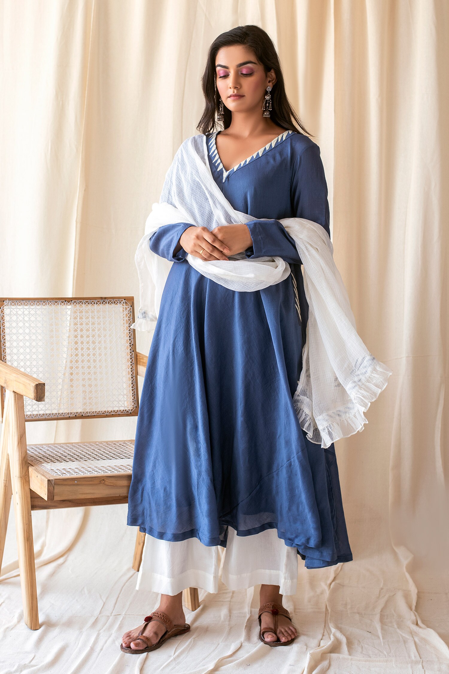 Buy Taro Blue Chanderi Silk Anarkali Set Online | Aza Fashions