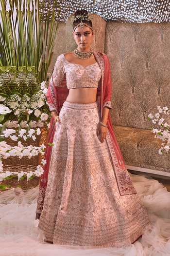 Buy Bindani by Jigar & Nikita Pink Raw Silk Zardozi Embroidered Lehenga ...