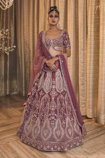 Buy Bindani by Jigar & Nikita Purple Velvet Zardozi Embroidered Lehenga ...