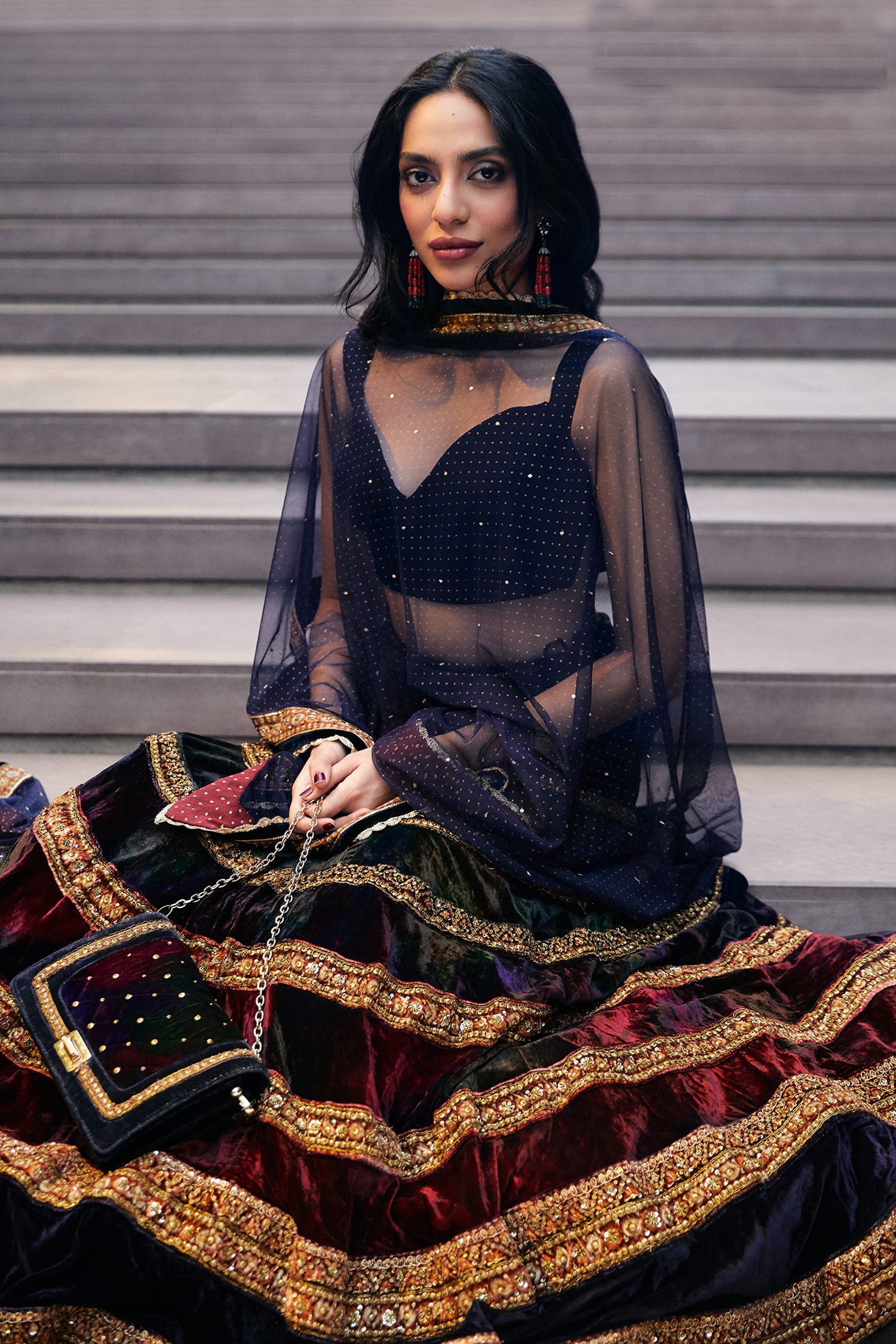 Buy RI.Ritu Kumar Blue Silk Velvet Lehenga Set Online | Aza Fashions