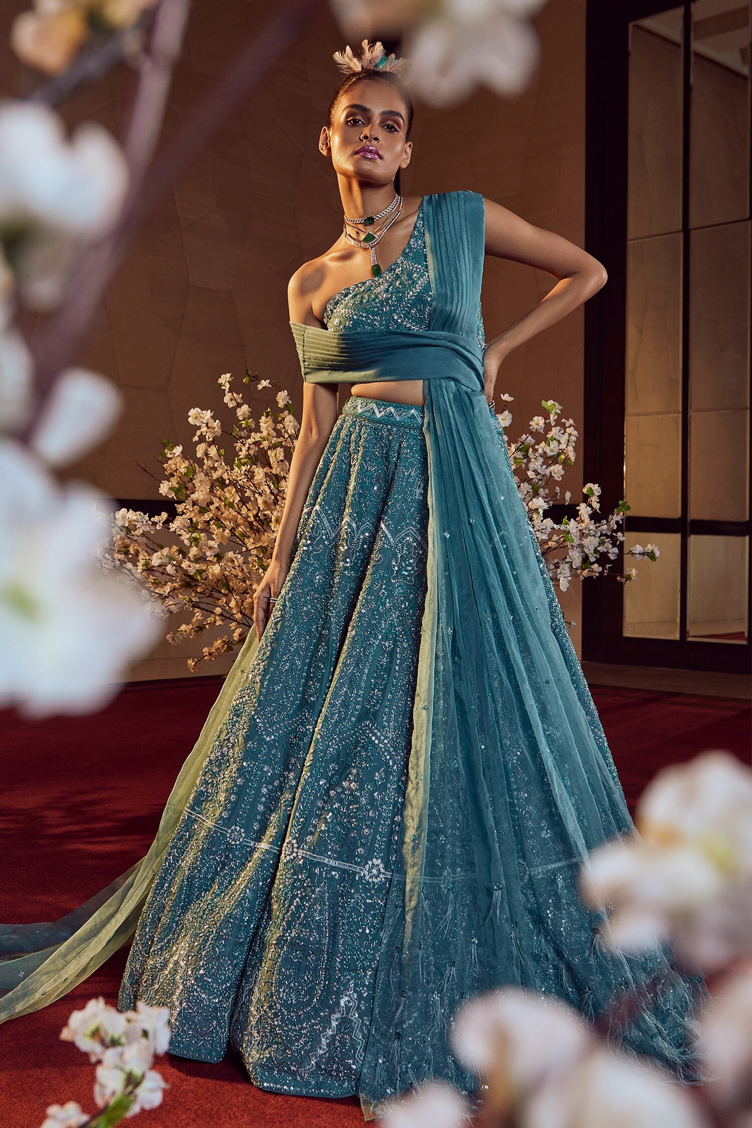 Buy Bindani by Jigar & Nikita Blue Silk One Shoulder Draped Blouse And ...