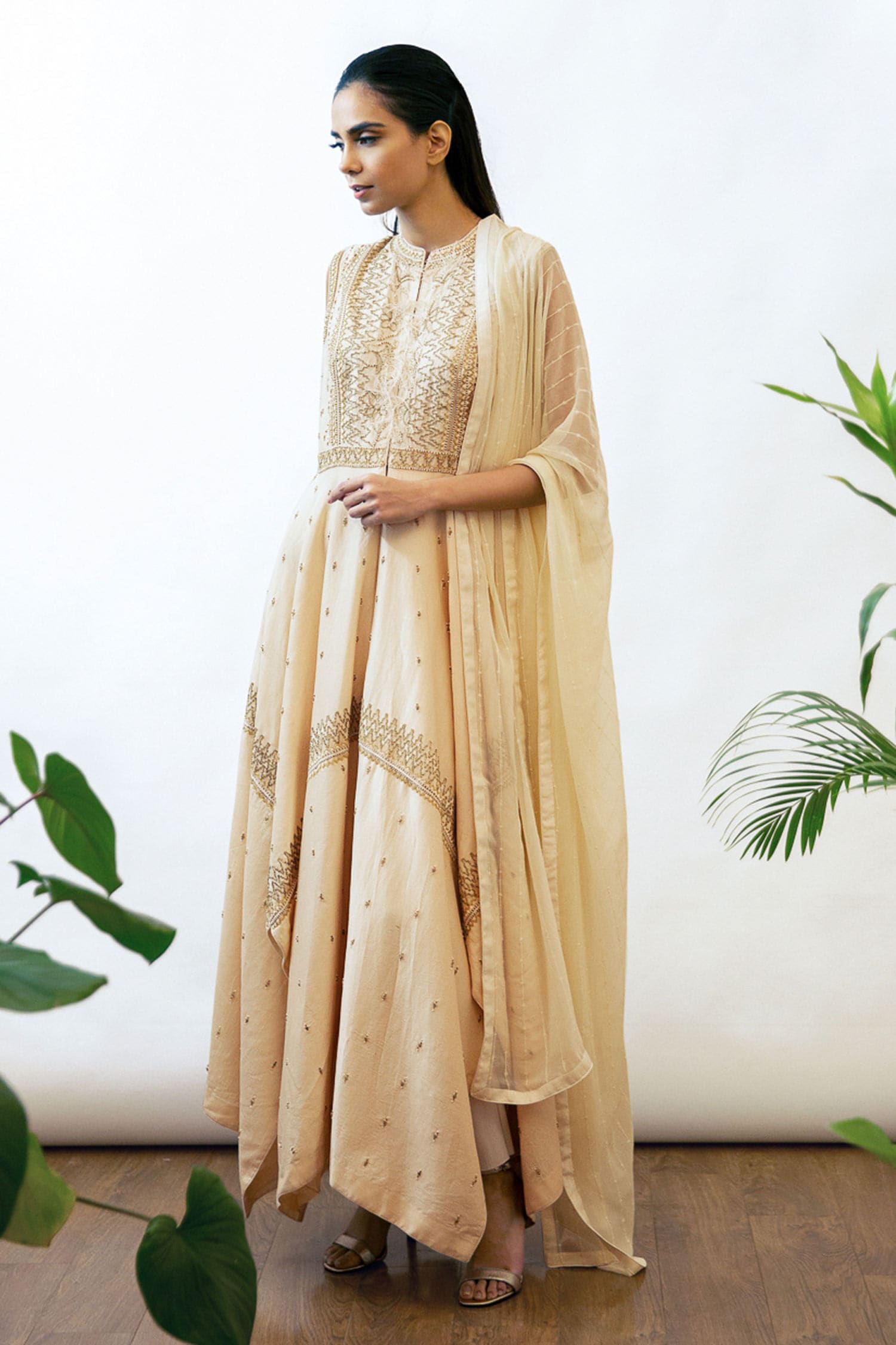 Buy White Chanderi Silk Round Embroidered Anarkali With Dupatta For ...