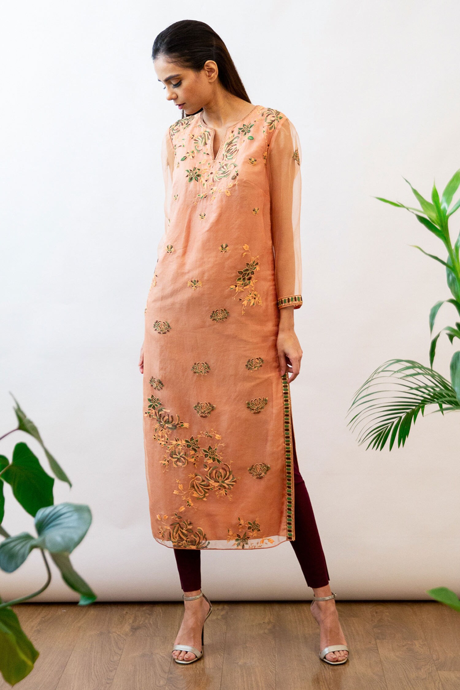 Buy Labbada Peach Embroidered Organza Silk Kurta Online | Aza Fashions