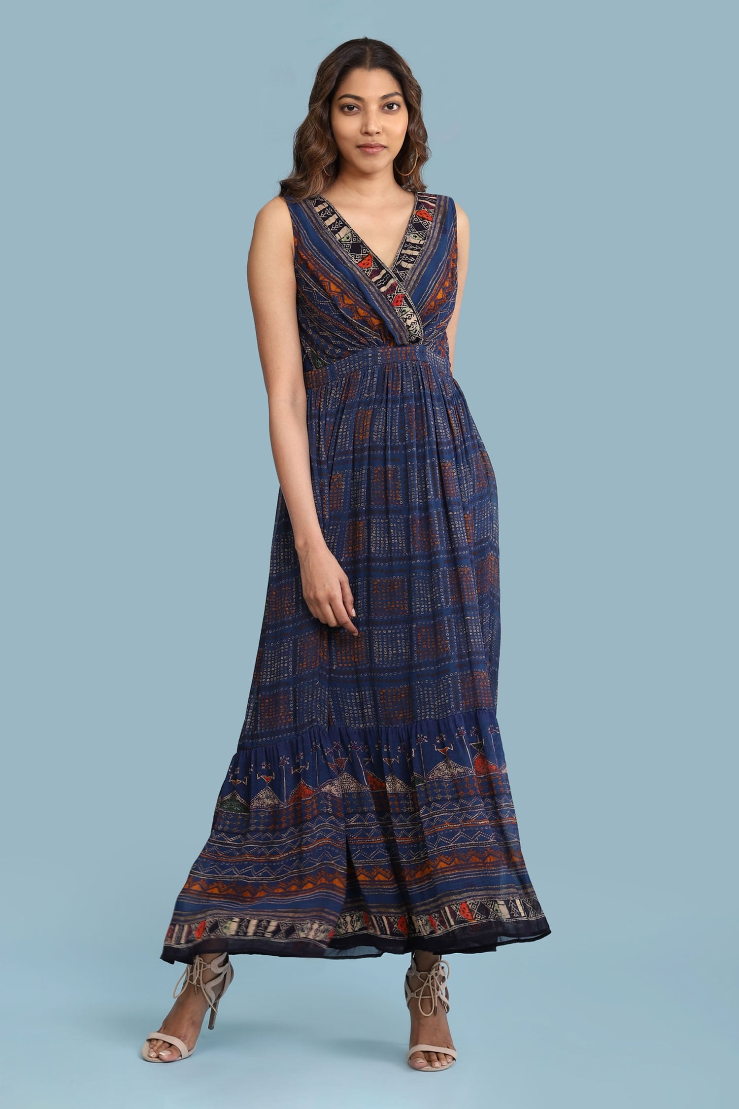 Buy Aarke Ritu Kumar Blue Poly Georgette Printed Maxi Dress Online ...