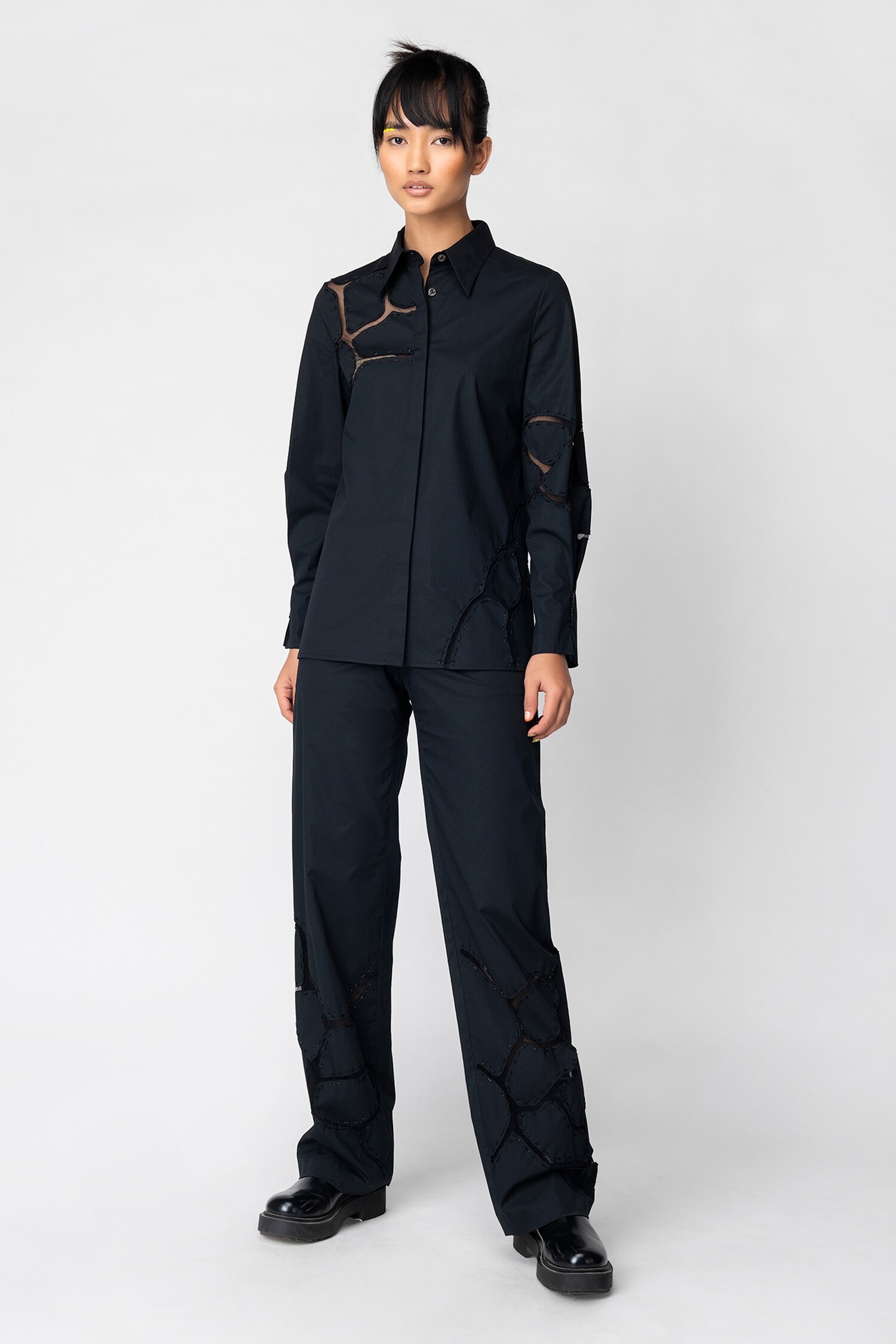 Buy Black Cotton Embroidery Bugle Beads Straight Fit Trousers For Women ...