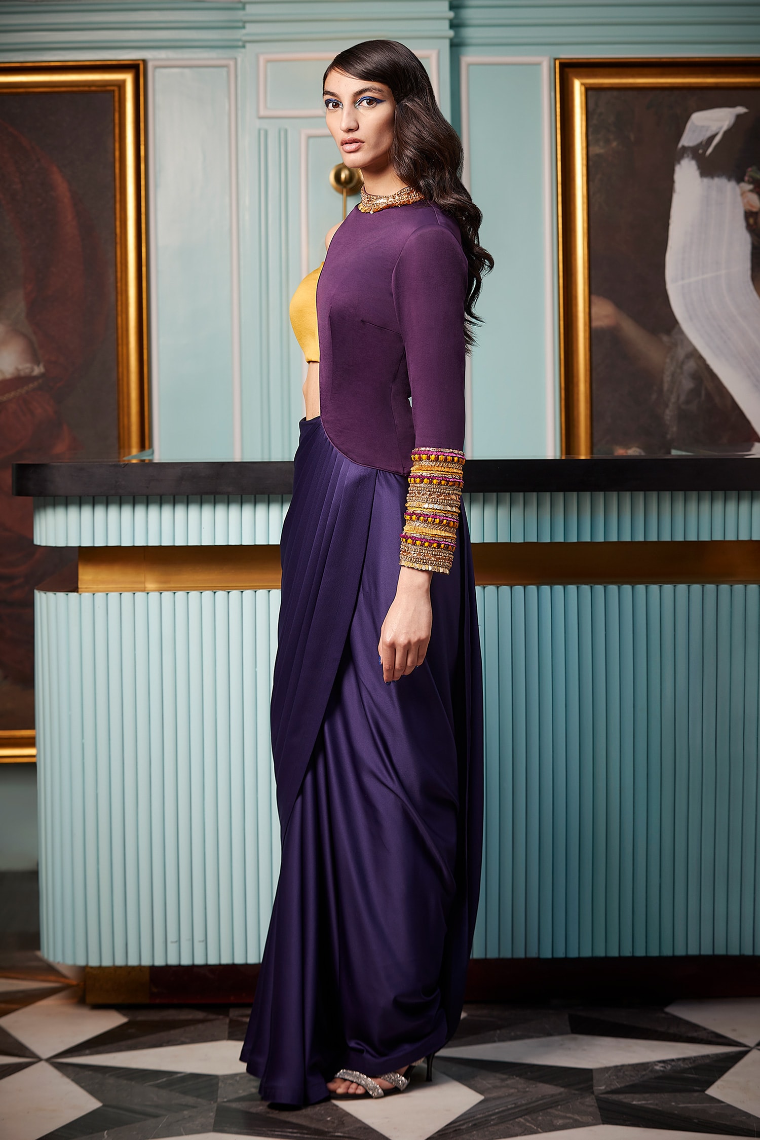 Buy Qbik Blue Draped Cutout Saree Gown Online | Aza Fashions