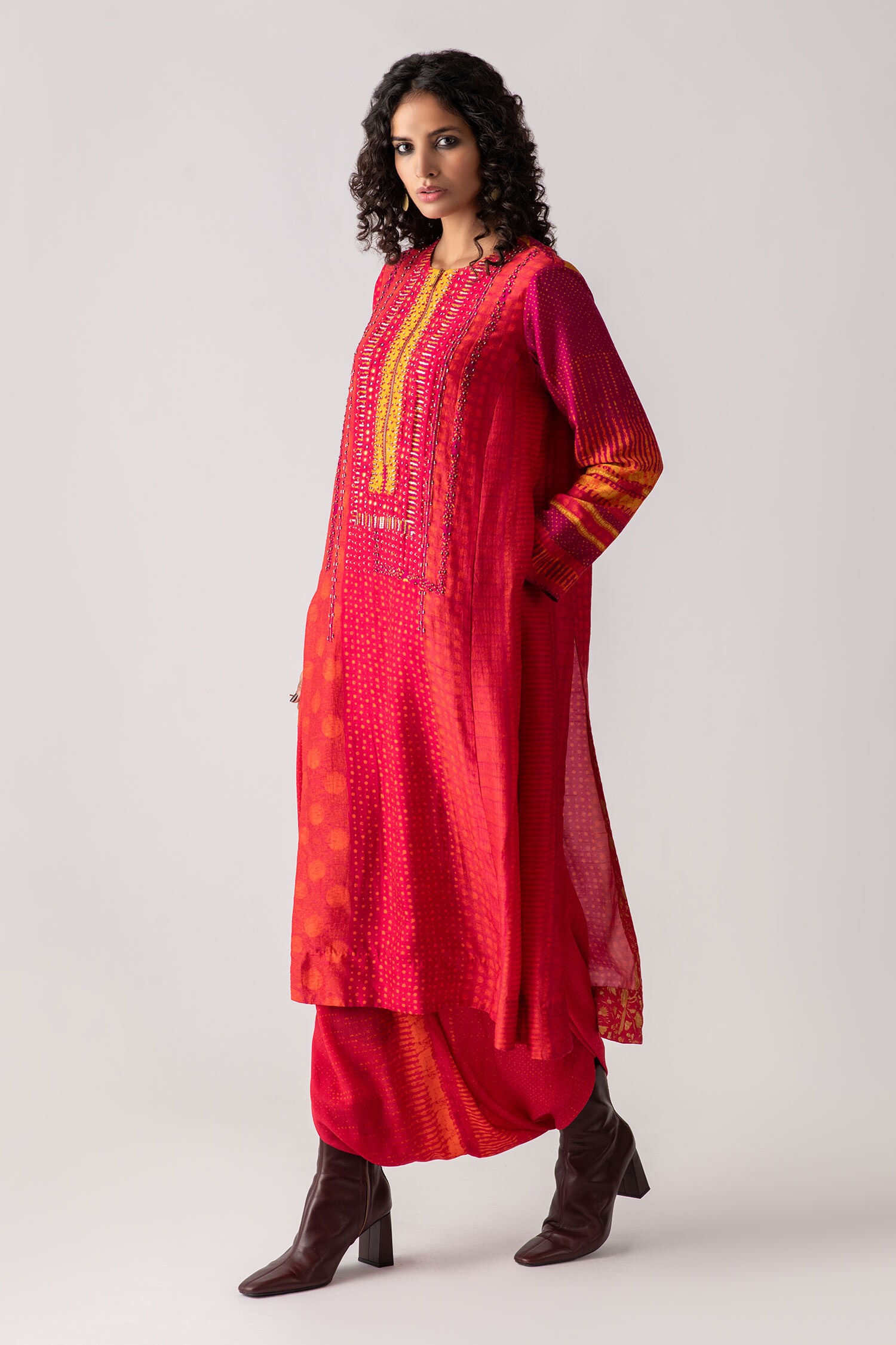 Buy Aseem Kapoor Pink Natural Crepe Rudra Printed Kurta And Draped Pant ...