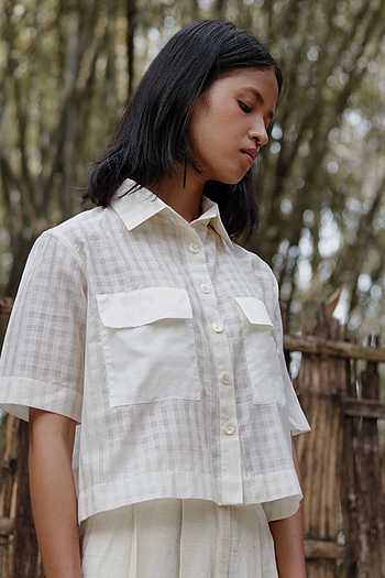 Buy Ura Maku White Mulberry Silk Checkered Shirt Online | Aza Fashions