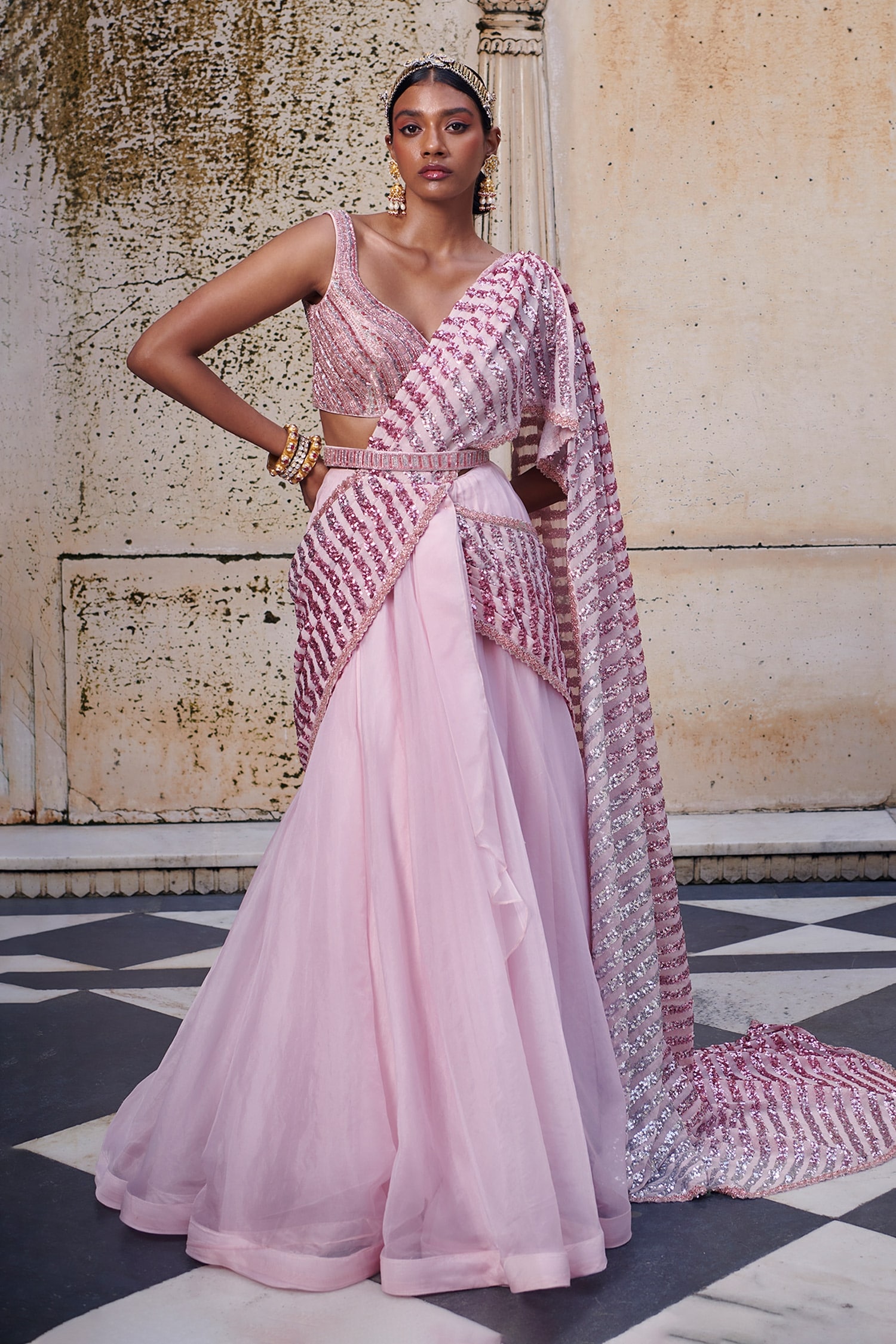 Buy Pink Net Embroidery Linear Sweetheart Neck Blouse And Lehenga Set ...
