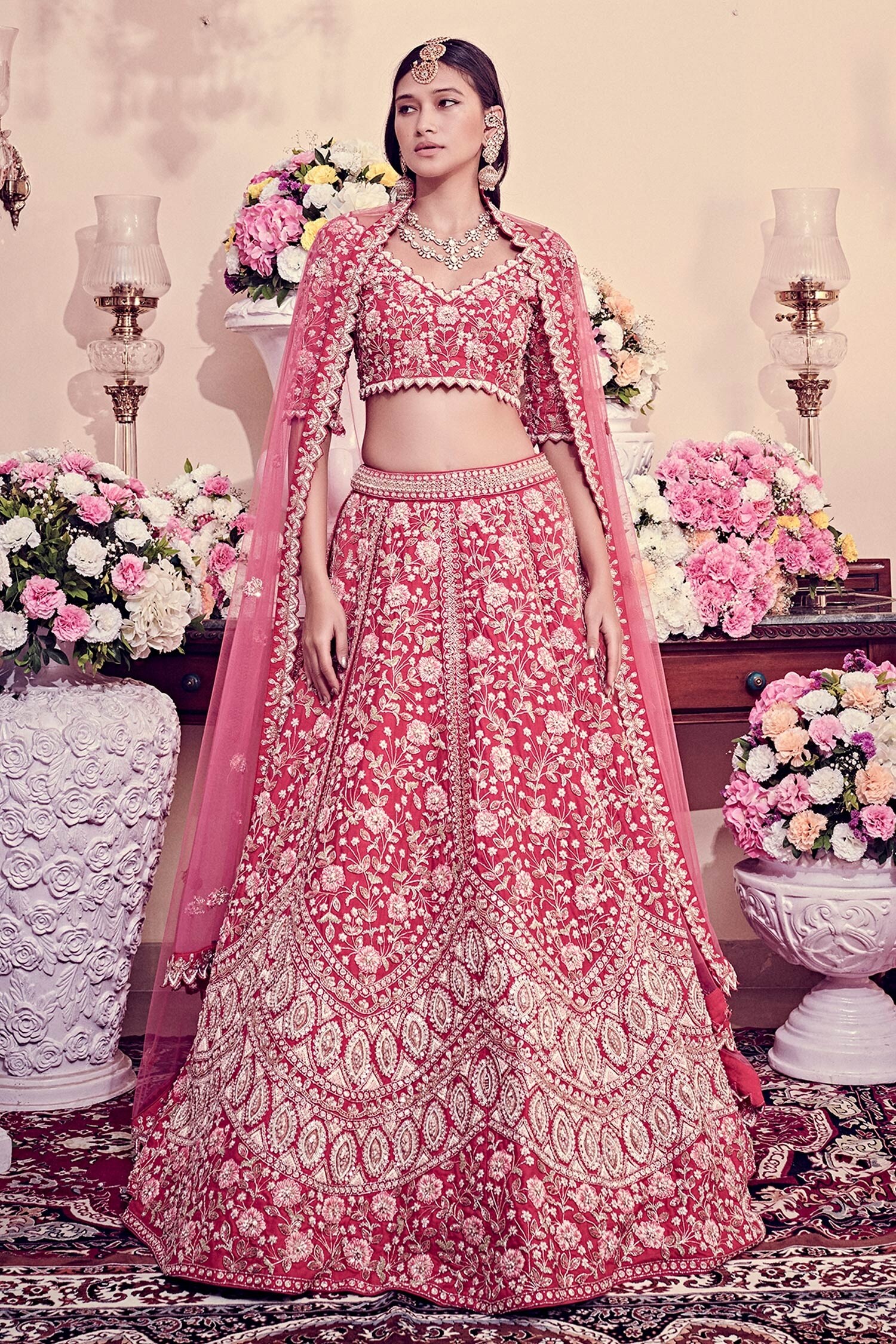Buy Bindani by Jigar & Nikita Pink Floral Resham Embroidered Lehenga ...