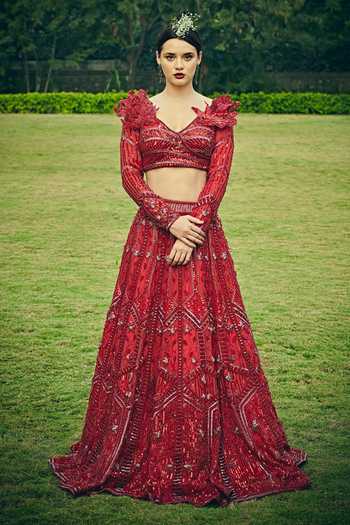 Buy Bindani by Jigar & Nikita Red Silk Applique Blouse And Lehenga Set ...
