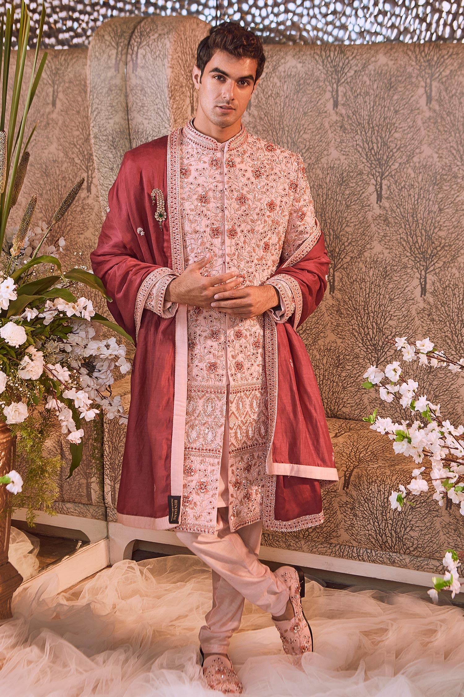 Buy Bindani by Jigar & Nikita Pink Silk Sherwani Set Online | Aza Fashions