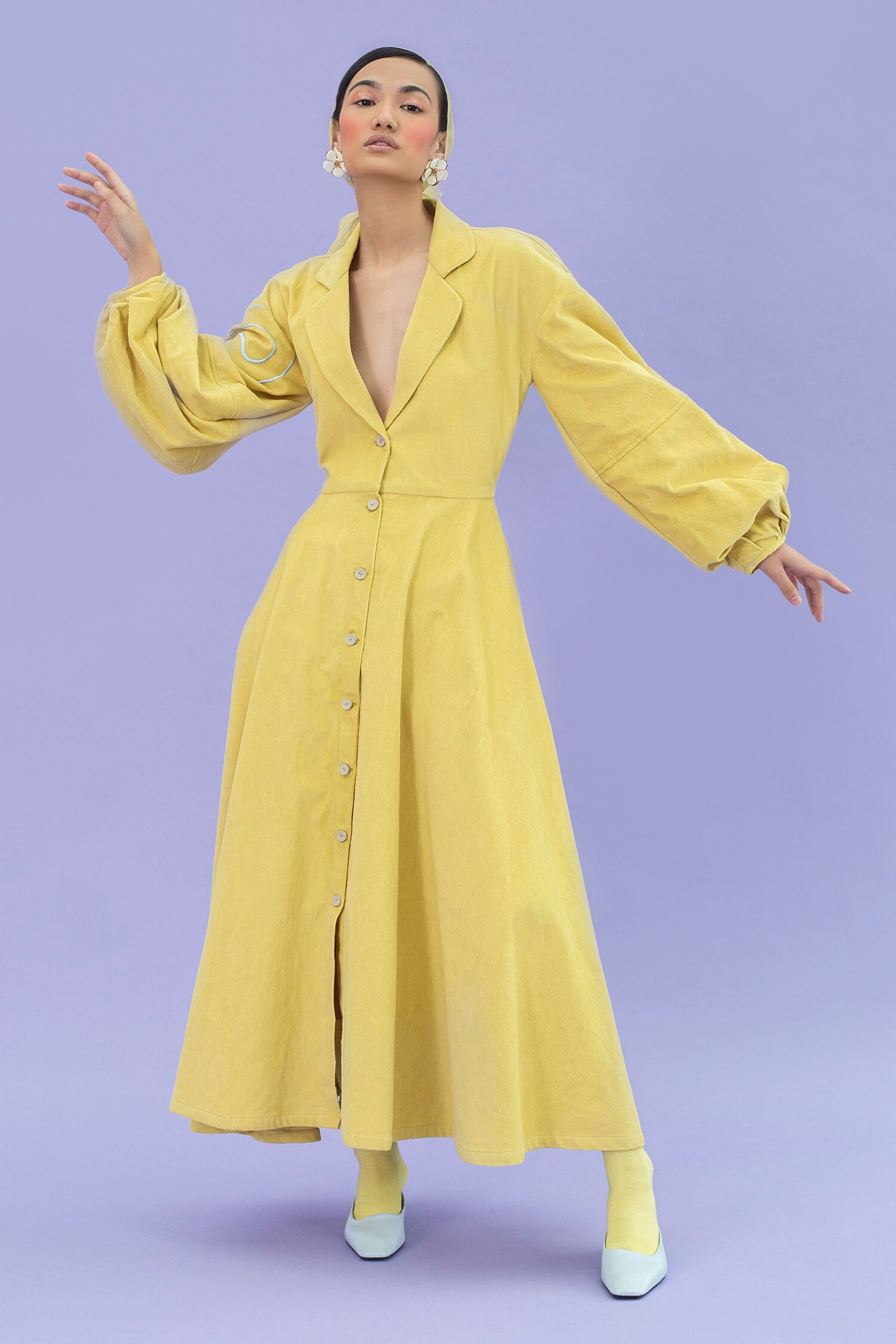 Buy Yellow Corduroy Embroidery Lapel Collar Dress For Women by Little ...