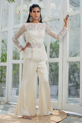 Buy Ivory Silk Satin Hand Embroidered Sequin And Luca Peplum Top & Pant ...