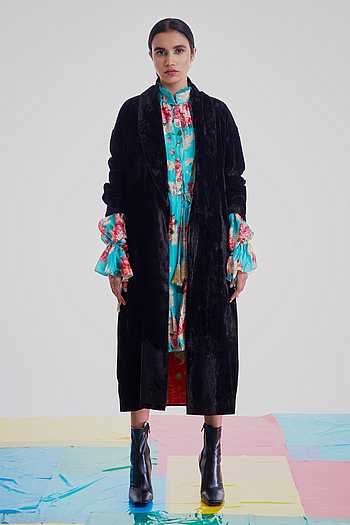 Buy Interpret Black Silk Velvet Luna Overcoat Online | Aza Fashions