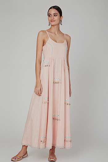 Buy Pink Malkha Embroidery Thread Scoop Neck Strappy Kalidar Dress For ...