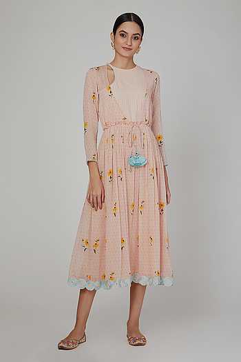 Buy Pink Malkha And Muslin Silk & Embroidery Floral Midi Dress For ...