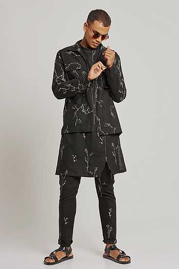 Buy Son of A Noble Snob Black Gir Linen Twig Print Jacket Online | Aza ...